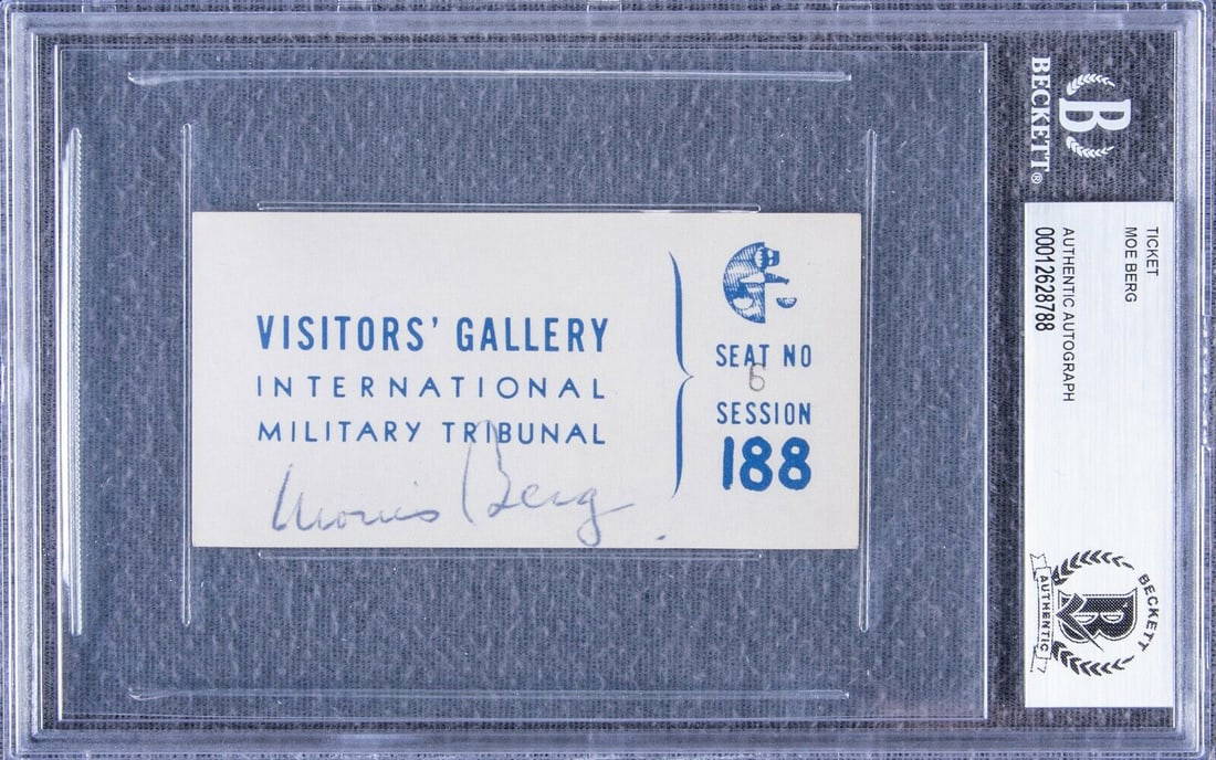 Moe Berg Signed 1946 Ww2 Nazi Nuremberg Trials Ticket Beckett Catcher ...