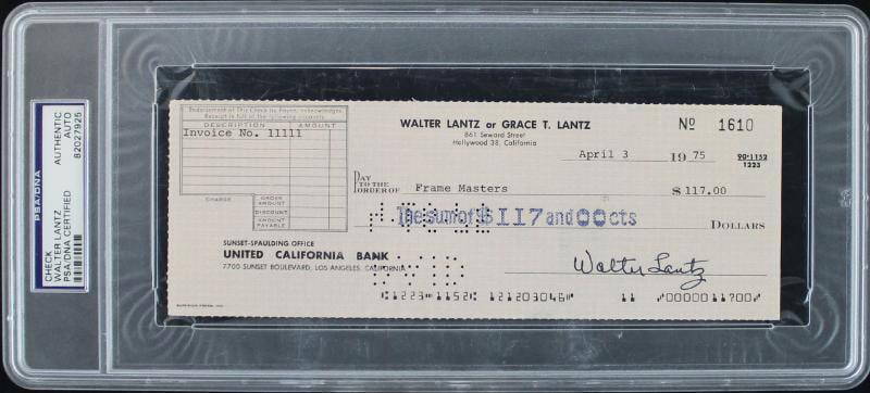 Walter Lantz Woody Woodpecker Signed 1975 Check Psa/dna Slabbed Auction