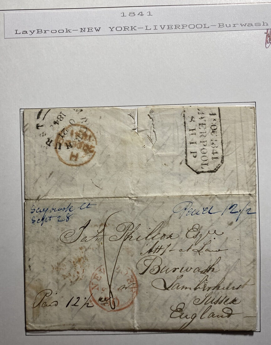 1841 Laybrook Usa Letter Sheet Cover To Burwash England Via Liverpool