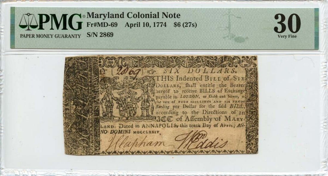 April 10 $6 (27s) Maryland Colonial Note 1774 Md-69 Pmg Vf30 Auction