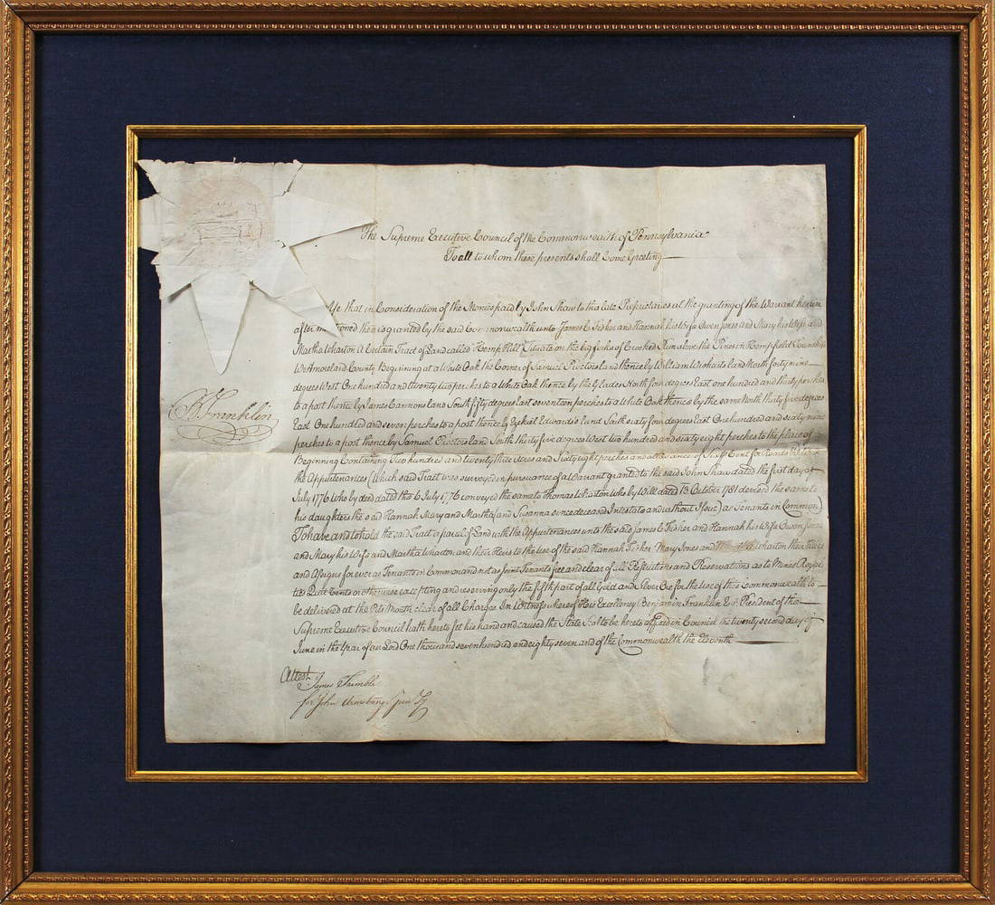 Benjamin Franklin Signed & Framed 13.25x15.25 1787 Land Grant Bas # ...