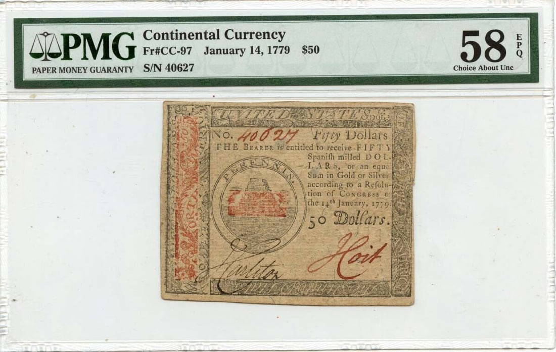January 14 $50 Continental Currency 1779 Cc-97 Pmg Au58 Epq Auction