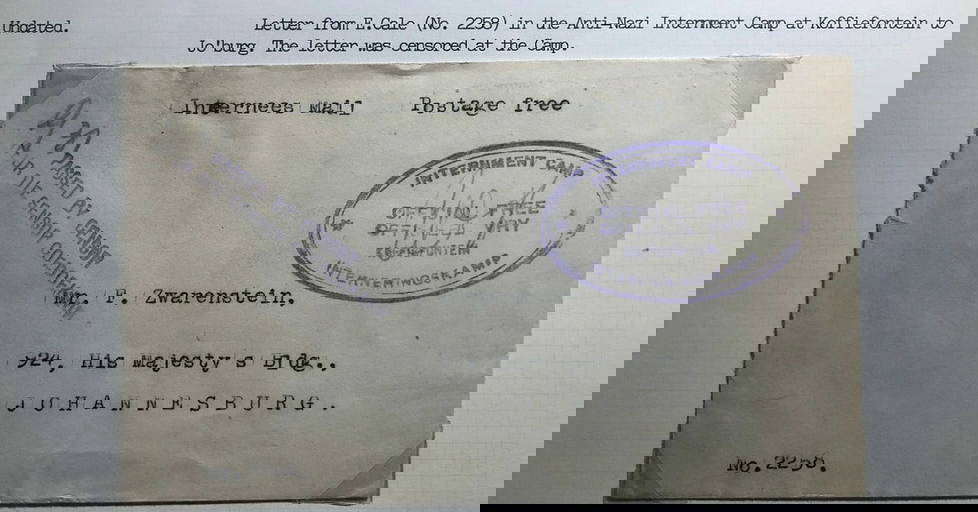 1940s South Africa Koffiefontein Internment Camp Pow Cover To Johannesburg