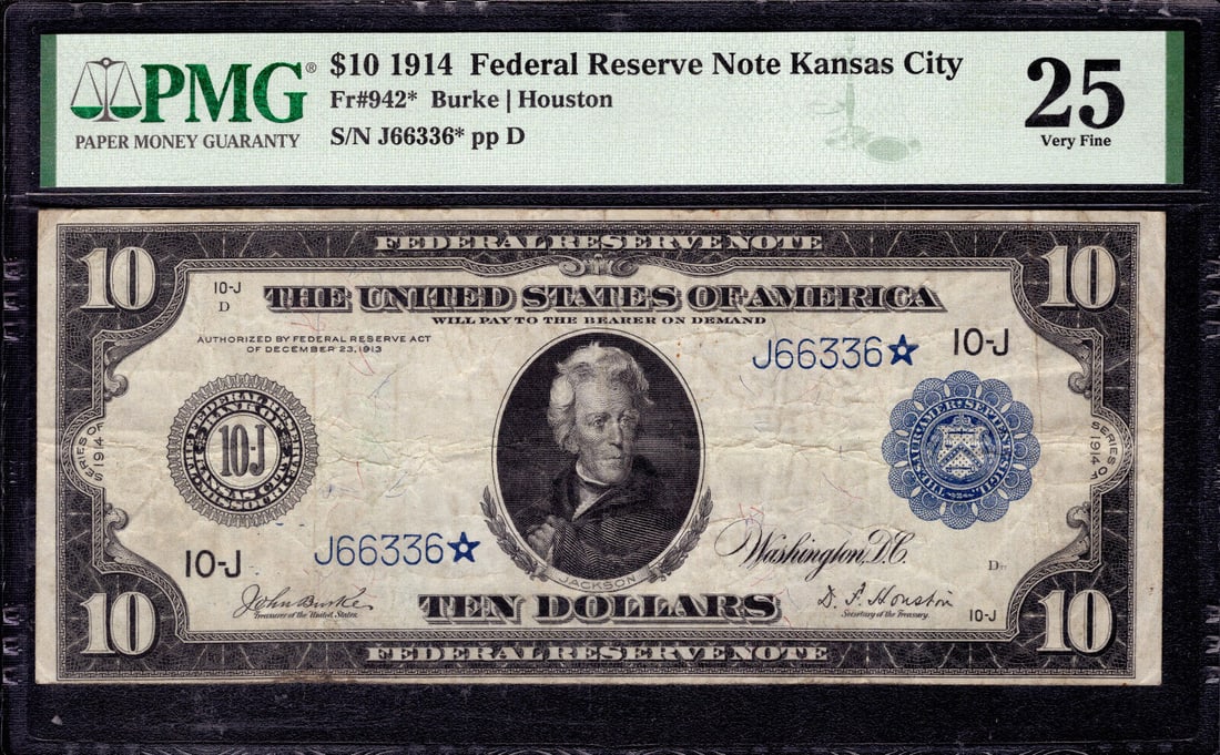 1914 $10 Federal Reserve Star Note Kansas City Fr.942* Burke Houston ...