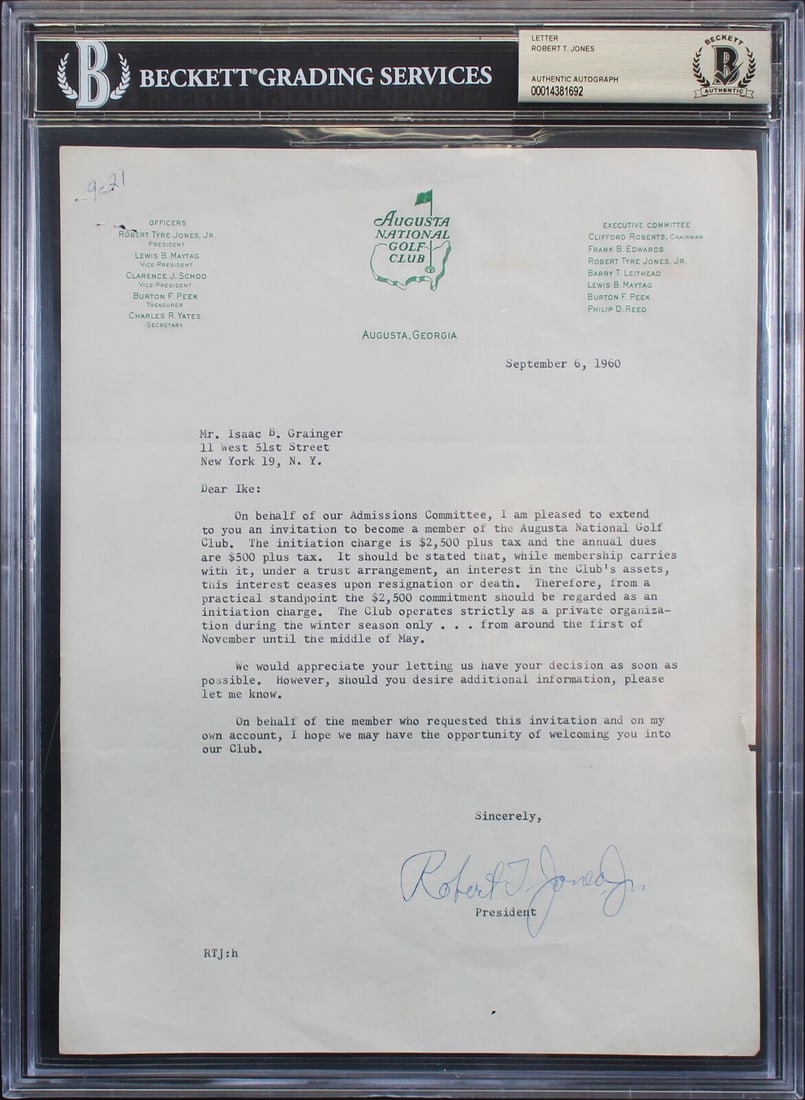 Robert T Jones Signed 8.5x11 1960 Letter On Augusta National Letterhead ...