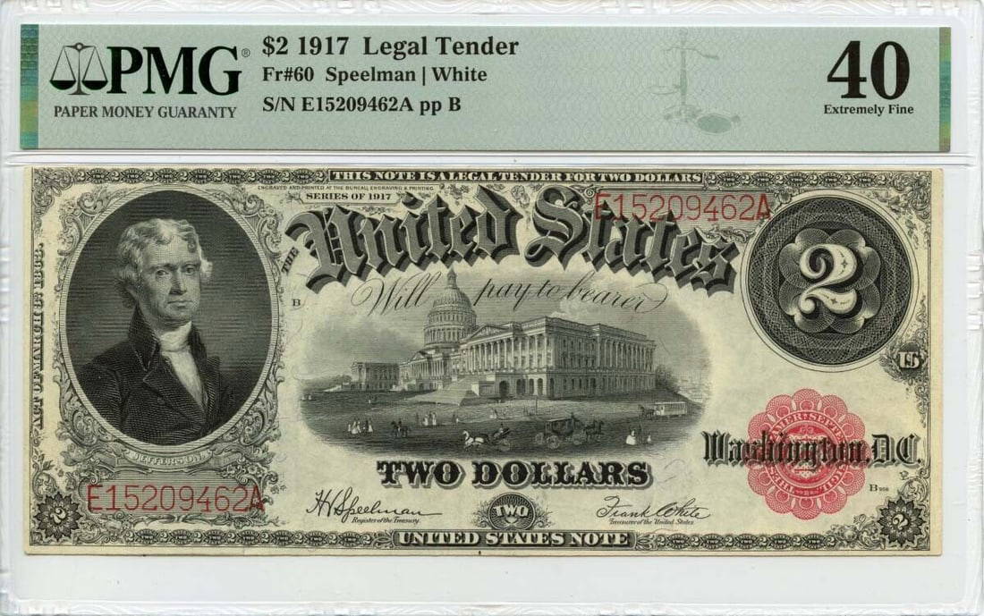 1917 $2 Legal Tender Small Red Scalloped Fr# 60 Pmg Ef40 Auction