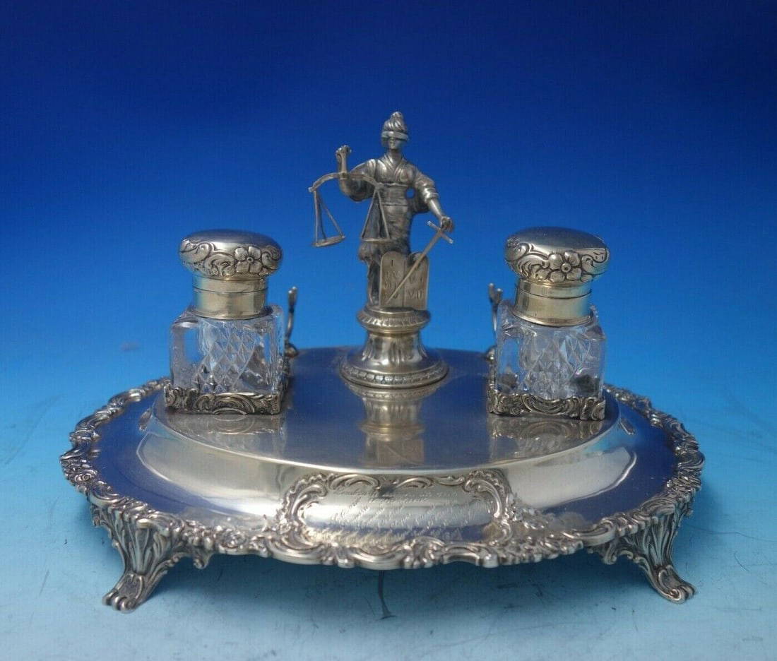 Portuguese .833 Silver Inkwell Double W/footed Stand 3d Lady Justice ...