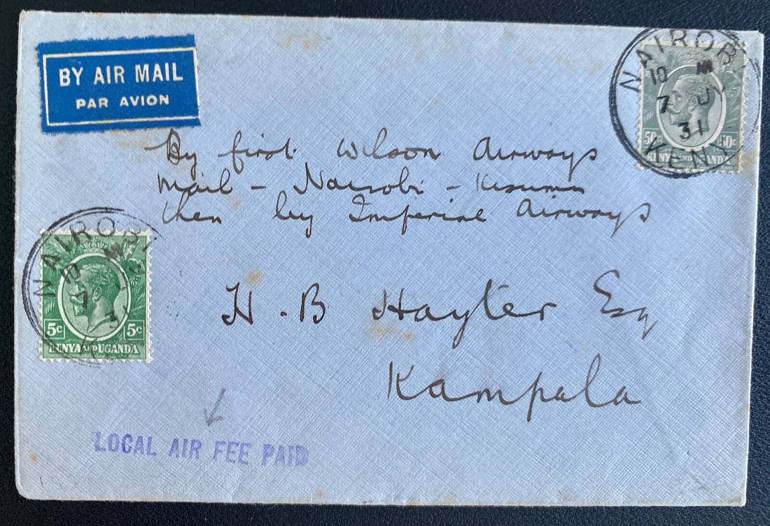 1931 Nairobi Kenya First Flight Airmail Cover To Kampala Wilson Airways ...