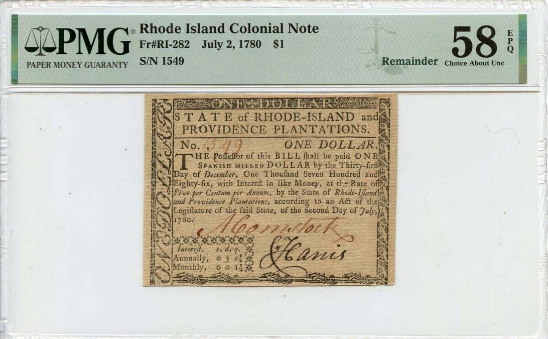 July 2 $1 Rhode Island Colonial Note 1780 Ri-282 Pmg Au58 Epq Auction