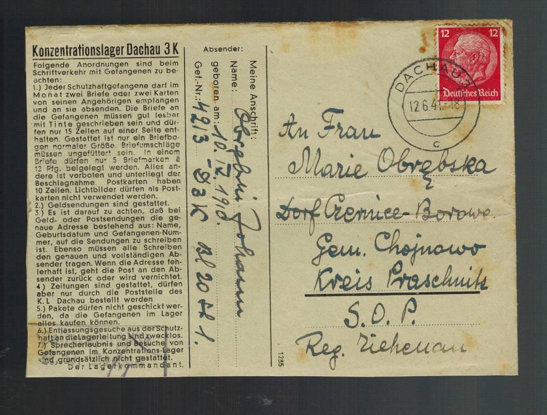 1941 Germany Dachau Concentration Camp Kz Cover Prisoner Johann ...