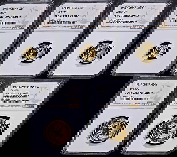 1993 P China Gold & Bi Metallic Panda 5 Coin Proof Set Ngc Pf69 (68 ...