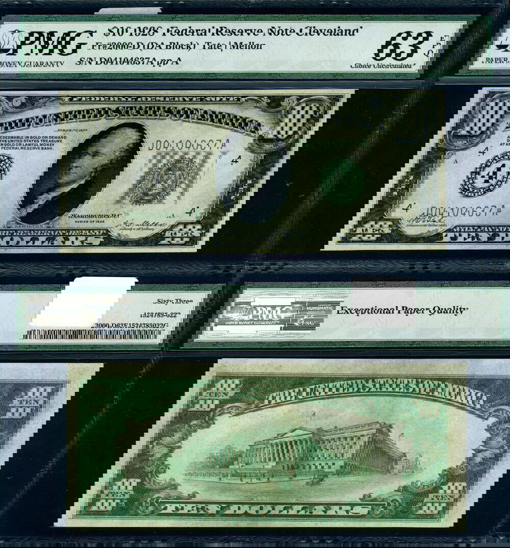 Fr. 2000 D $10 1928 Federal Reserve Note Cleveland D-a Block Choice Pmg ...