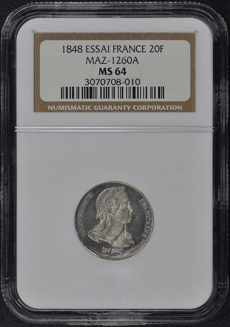 1848 Essai France Maz-1260a 20f Ngc Ms64 Auction