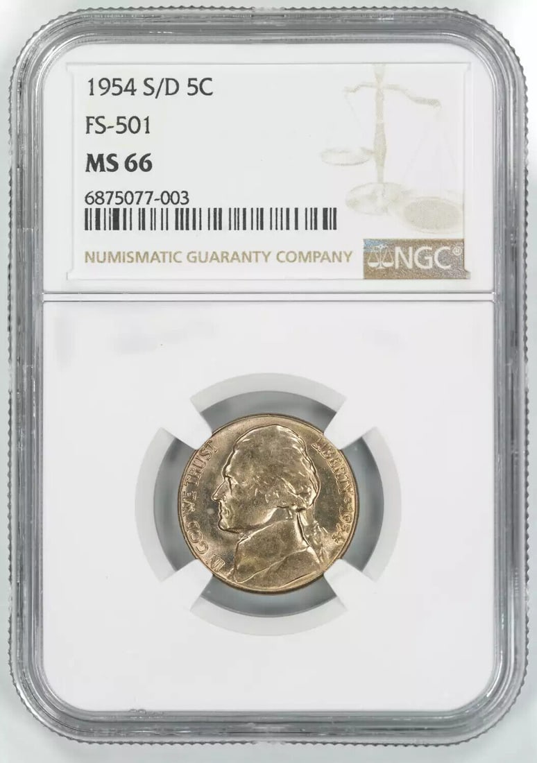 1954 S/d Jefferson Nickel 5c Fs-501 Ngc Certified Ms 66 Mint State Unc ...