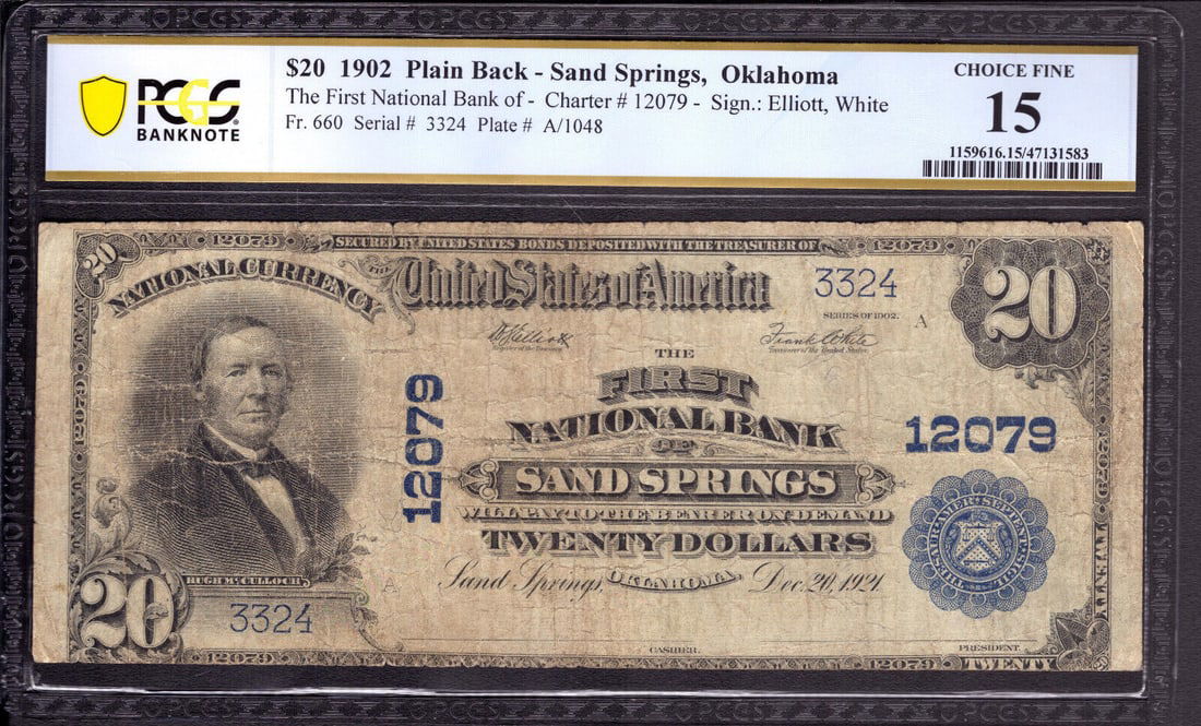 1902 $20 First National Bank Note Sand Springs Oklahoma Discovery Denom ...