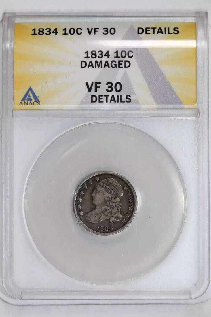 1834 Large 4 Capped Bust Dime Anacs Vf30 Details Auction