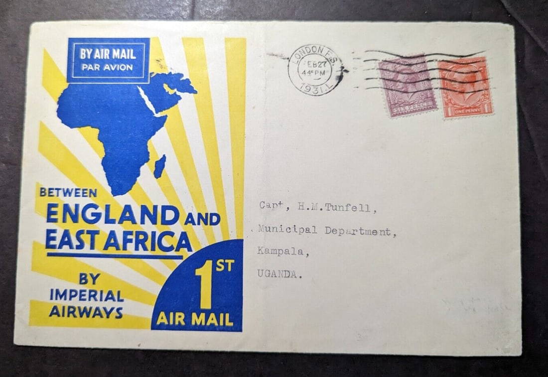 1931 England Airmail First Flight Cover Ffc London To Kampala Uganda With Letter Auction