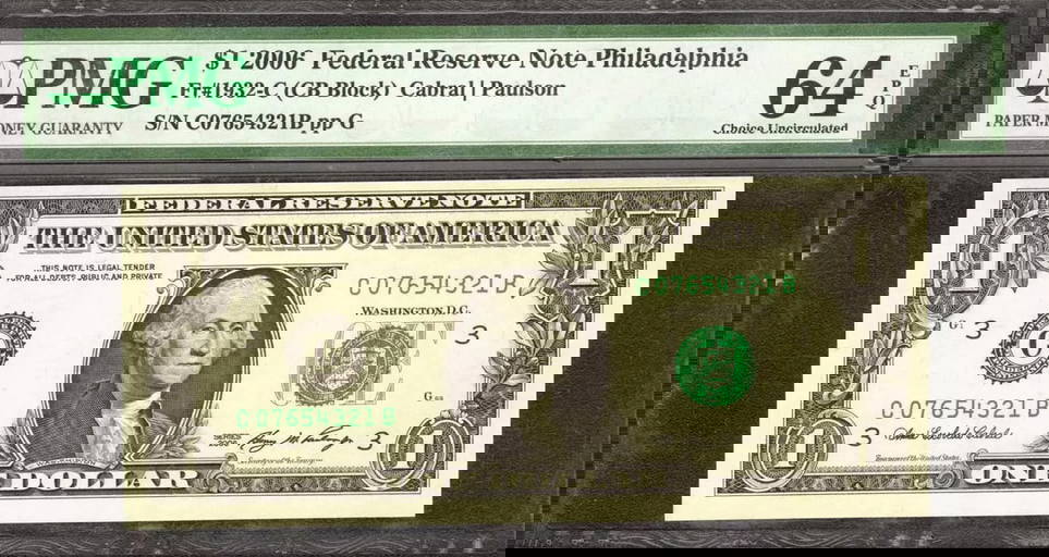 2006 $1 Federal Reserve Note Fr.1932c Ladder Serial #4321 Pmg Unc 64 ...