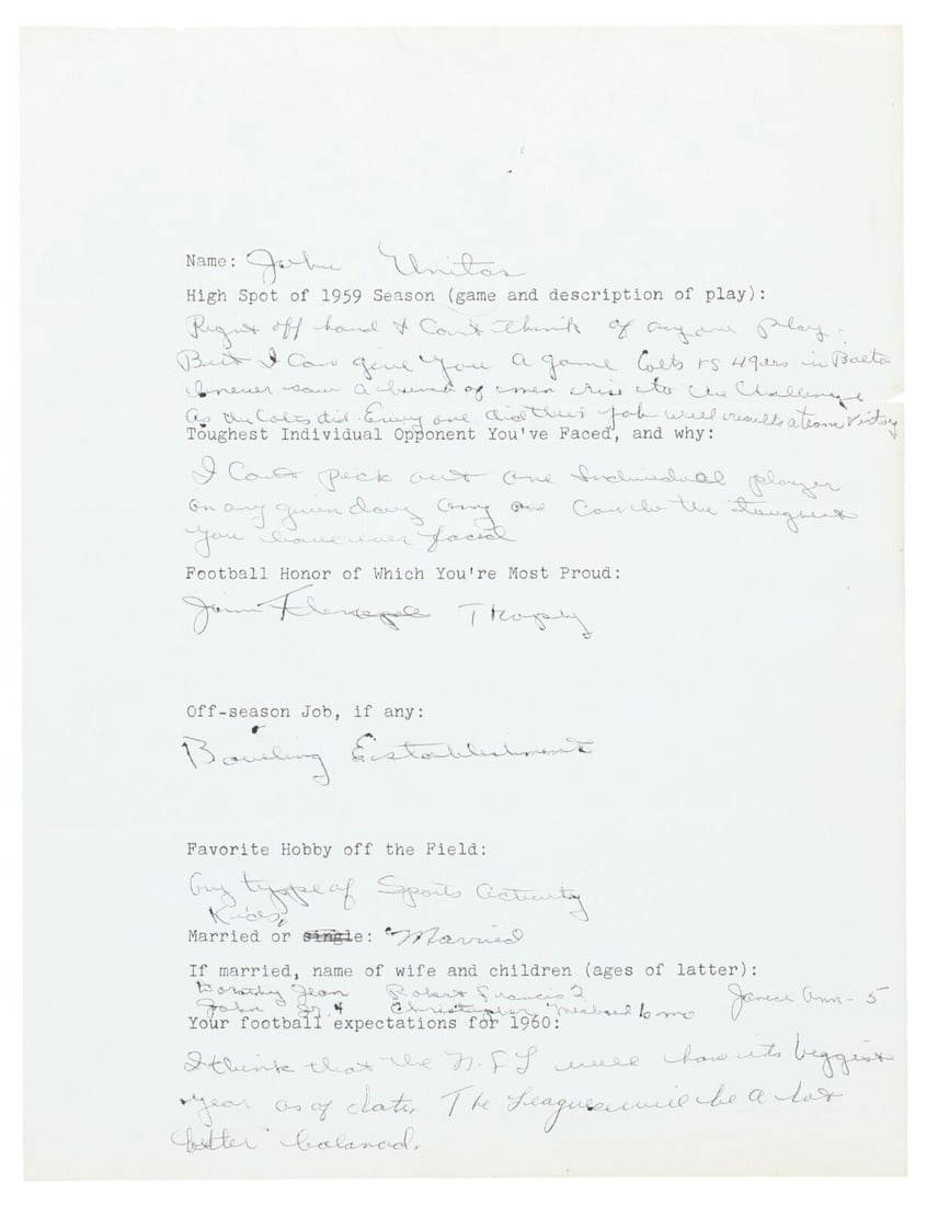 Incredible Johnny Unitas 1959 Signed Handwritten Questionnaire Psa Dna ...