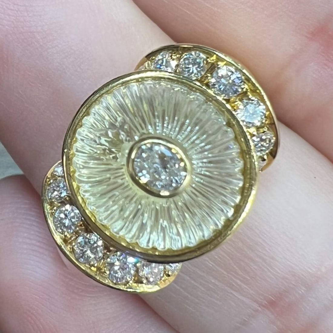 18k Yellow Gold Crystal & Diamond Ring Auction
