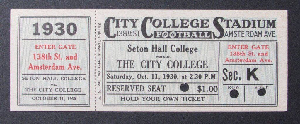 1930 Seton Hall College Vs. The City College Proof Ticket 10/11/30 Cc ...