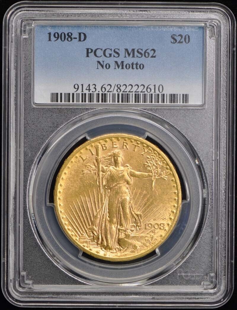 1908-d $20 No Motto Saint Gaudens Pcgs Ms62 Auction