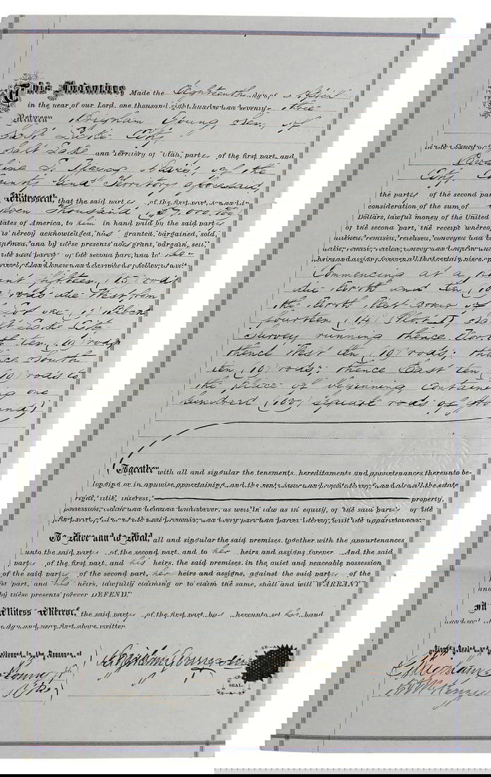 Brigham Young Signed 7.5x14.5 1873 Land Deed Document Bas #ab77797 Auction