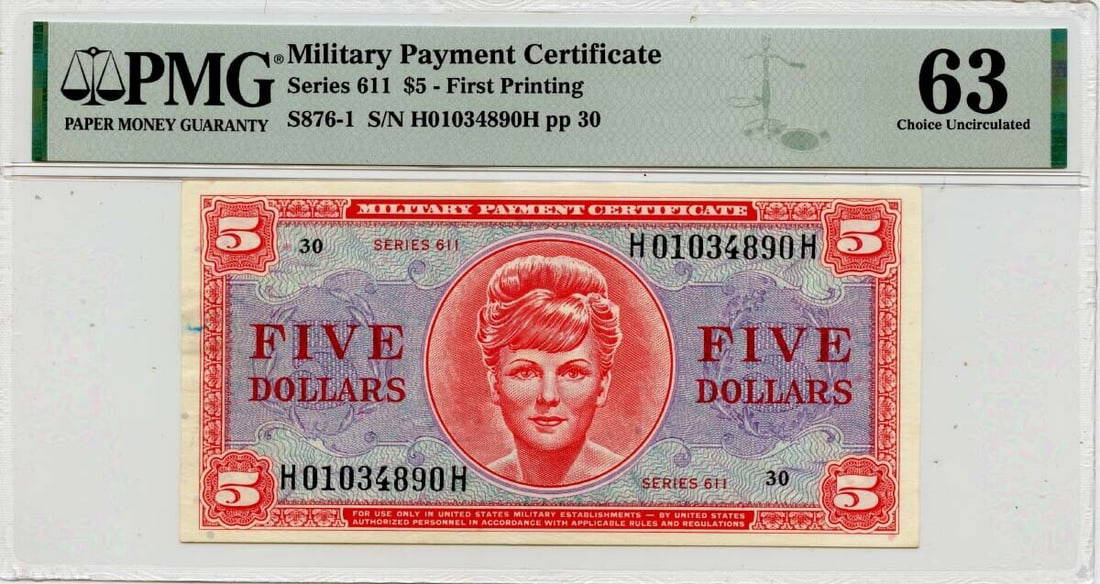 Series 611 $5 Mpc Pmg Ch63 S876-1 First Printing Auction