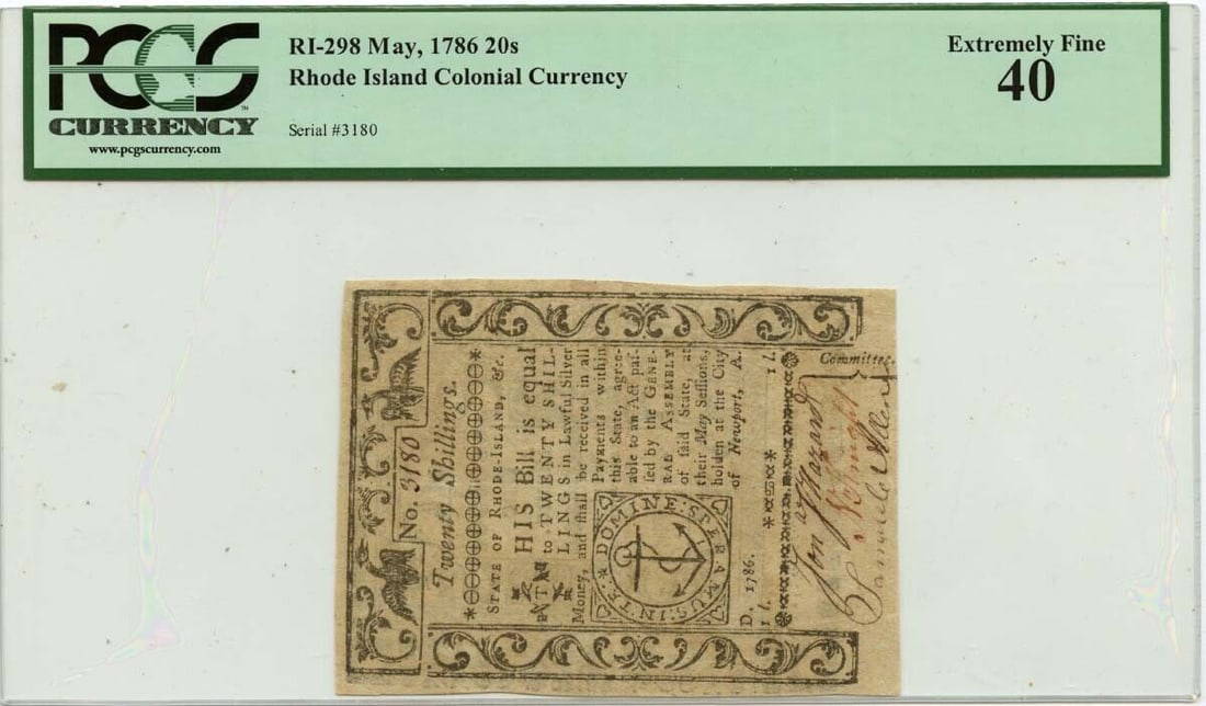 May 1786 20s Rhode Island Colonial Ri-298 Pcgs Ef40 Auction