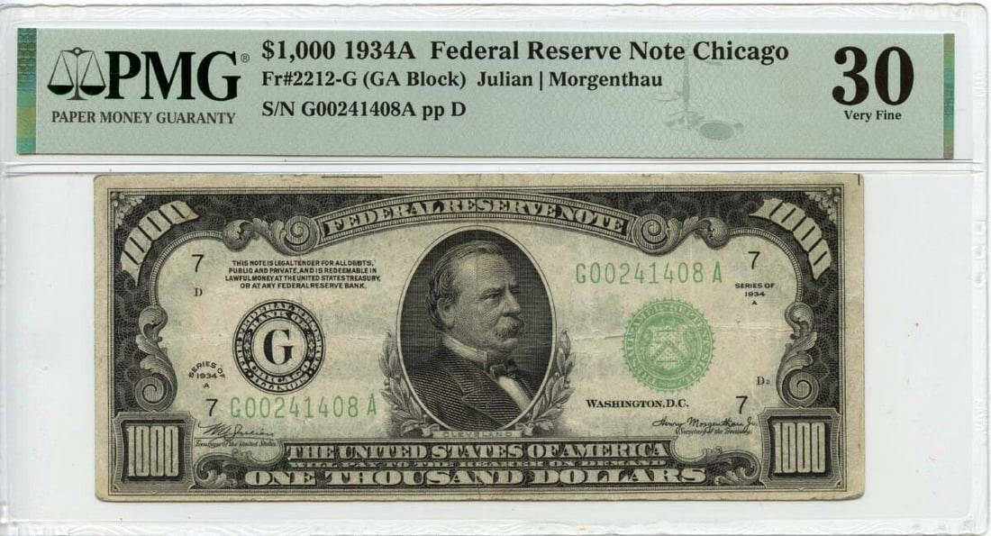1934a $1000 Federal Reserve Note Chicago Fr#2212-g Pmg Vf30 Auction