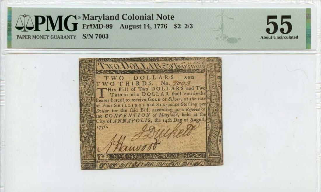 August 14 $2 2/3 Maryland Colonial Note 1776 Md-99 Pmg Au55 Top Pop Auction