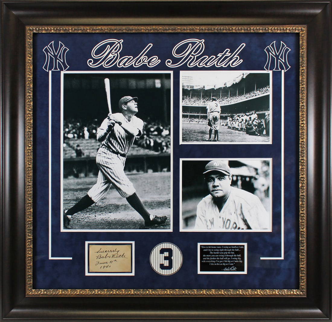 Yankees Babe Ruth "sincerely" Signed & Framed 3x4.25 Cut Sig Auto 9 ...