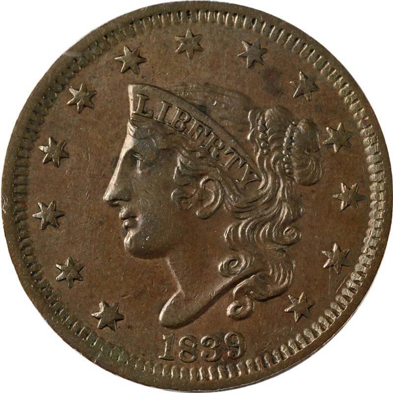 1839 Large Cent Head Of '38 Anacs Au50 N.2 R.2 Superb Eye Appeal Strong ...