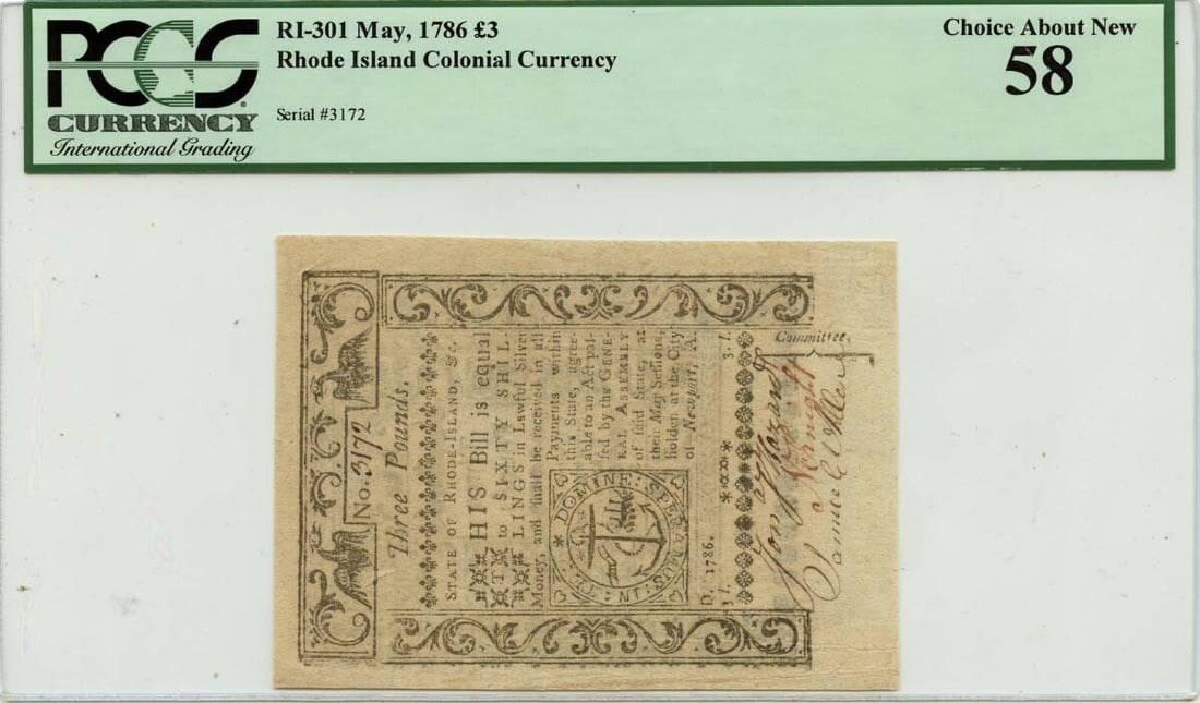 May 1786 3 Pds Rhode Island Colonial Ri-301 Pcgs Au 58 Auction