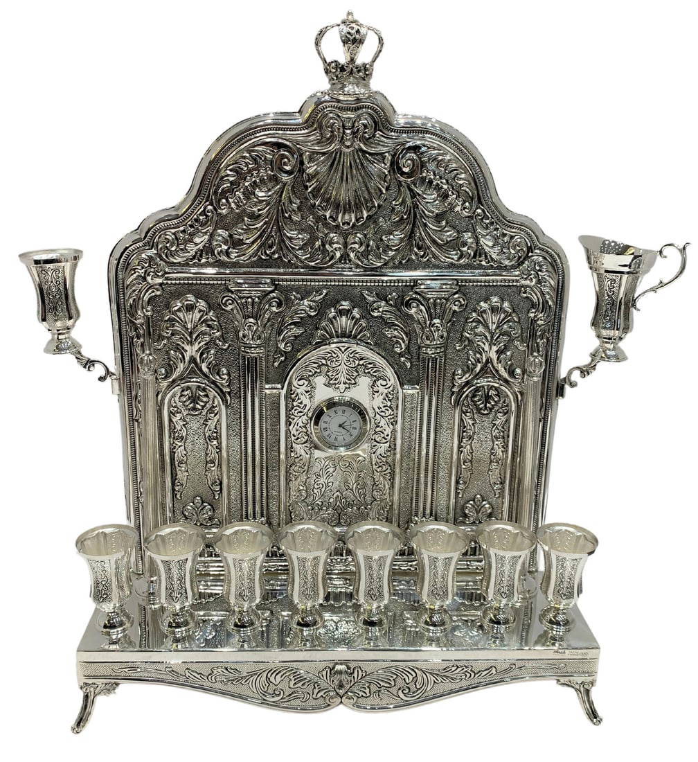 925 Sterling Silver Quartz Clock Handmade Chased Ornate Crown Menorah ...
