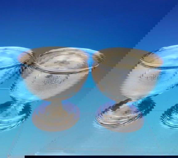 George Sharp Coin Silver Salt Cellars Pair Engraved Design 2.5in Tall