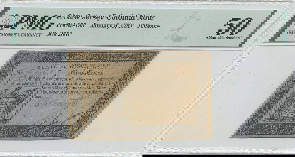 January 9 1781 9 Pence New Jersey Colonial Note Nj 193 Pmg 50