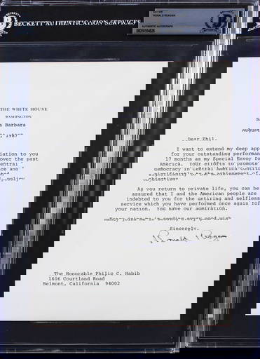Ronald Reagan Signed 1987 Typed Letter On Wh Letterhead Bas Slabbed
