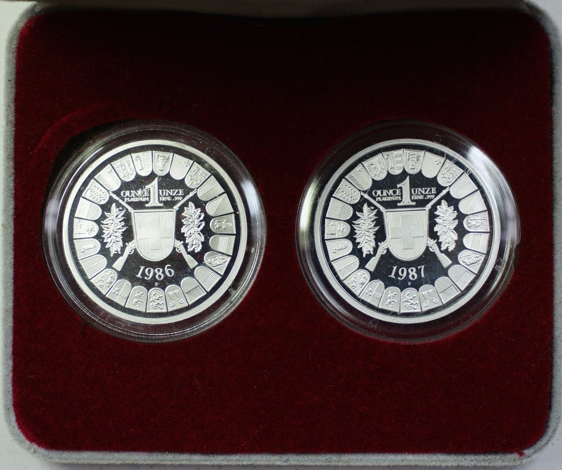 1986 & 1987 Switzerland Proof Platinum 1oz Shooting Taler Medals In Box ...