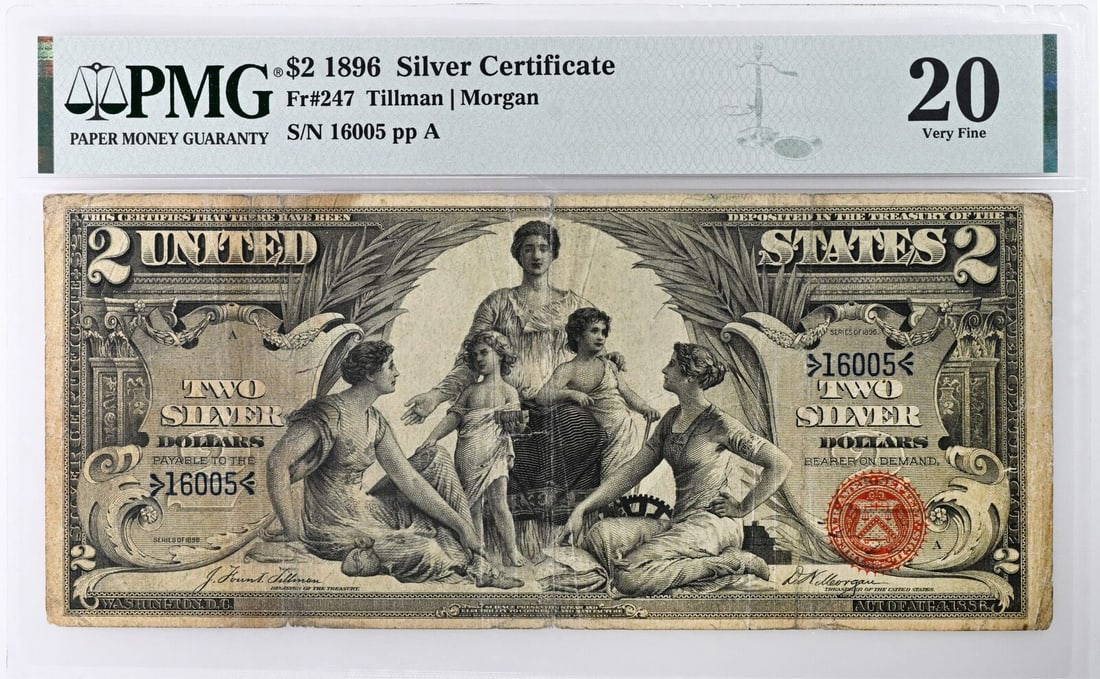 1896 $2 Large Silver Certificate Pmg Very Fine 20 Fr#247 Tillman Morgan Auction