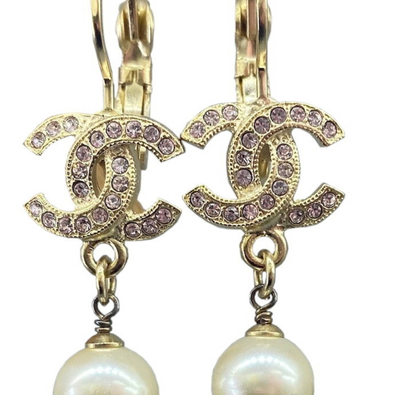 Chanel Coco Mark Earrings Champagne Gold 15s Pearl Rhinestone Gp Women ...