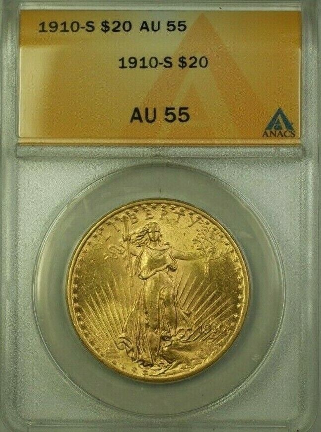 1910-s Us St. Gaudens Double Eagle $20 Gold Coin Anacs Au-55 (ww) Auction