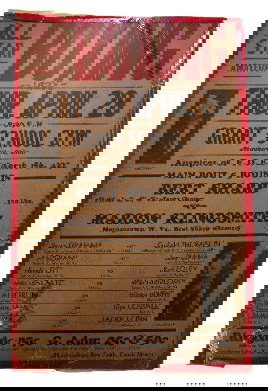 Bert Sharp Vs. Marion Klingsmith 14x22 On Site 1938 Amateur Boxing Poster Auction