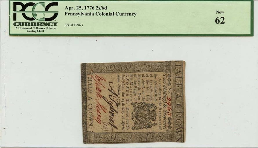 1776 Apr 25 2s/6d Pennsylvania Colonial Currency Pa 204 Uncirculated Ms62