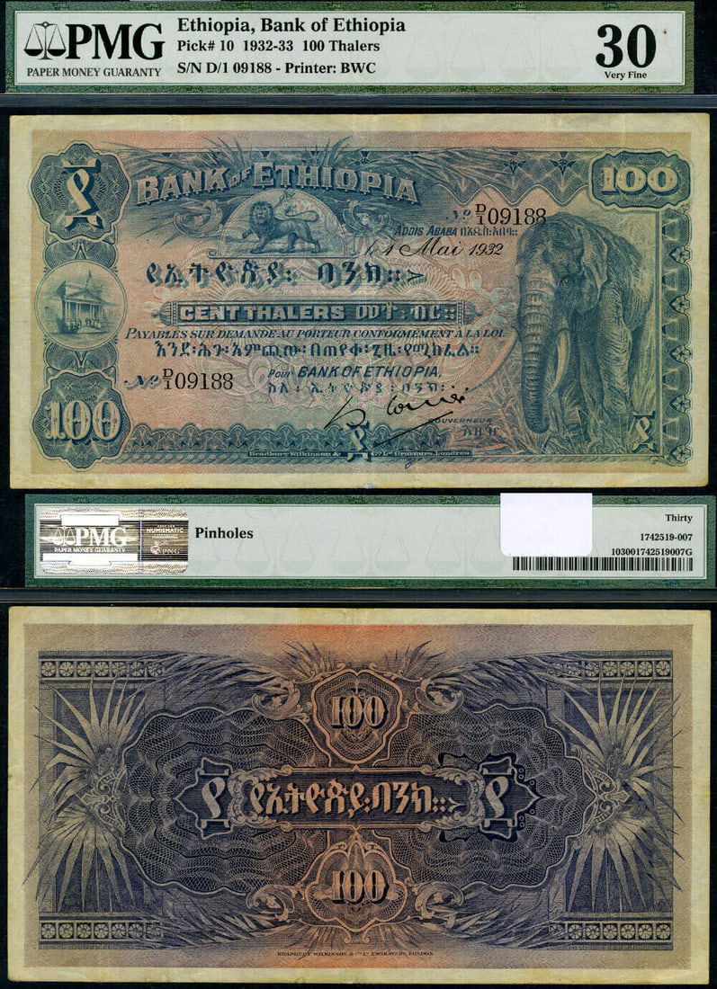 1932-33 100 Thalers Ethiopia Banknote Pmg Vf30 Circulated Auction