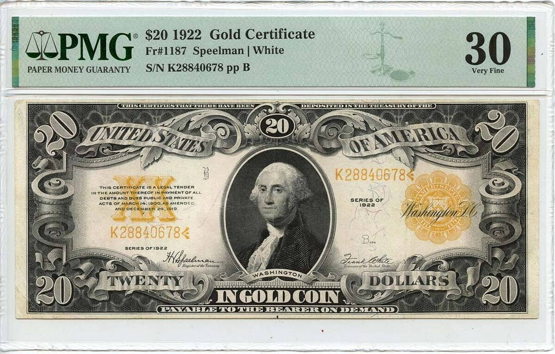 1922 $20 Gold Certificate Pmg Vf30 Circulated George Washington Auction