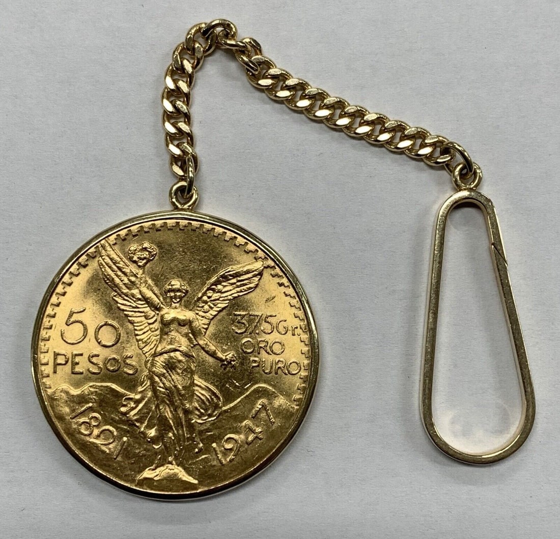 1821-1947 Mexico 50 Peso Gold Coin-encased In 14kt Gold-key Chain (52 ...