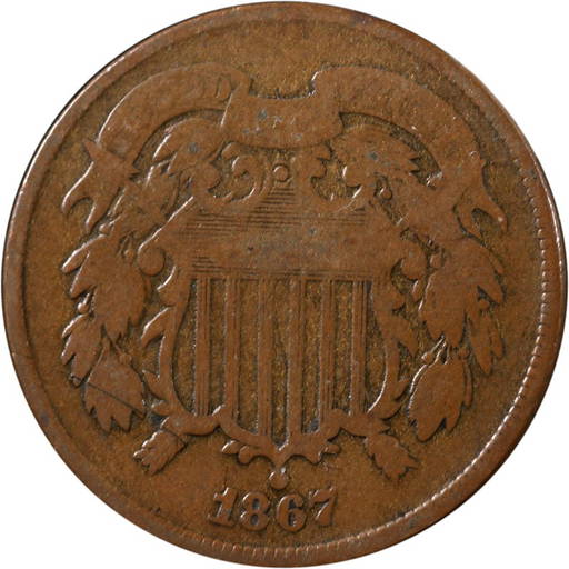 1867 Copper Two Cent Piece Doubled Die Obverse Coin
