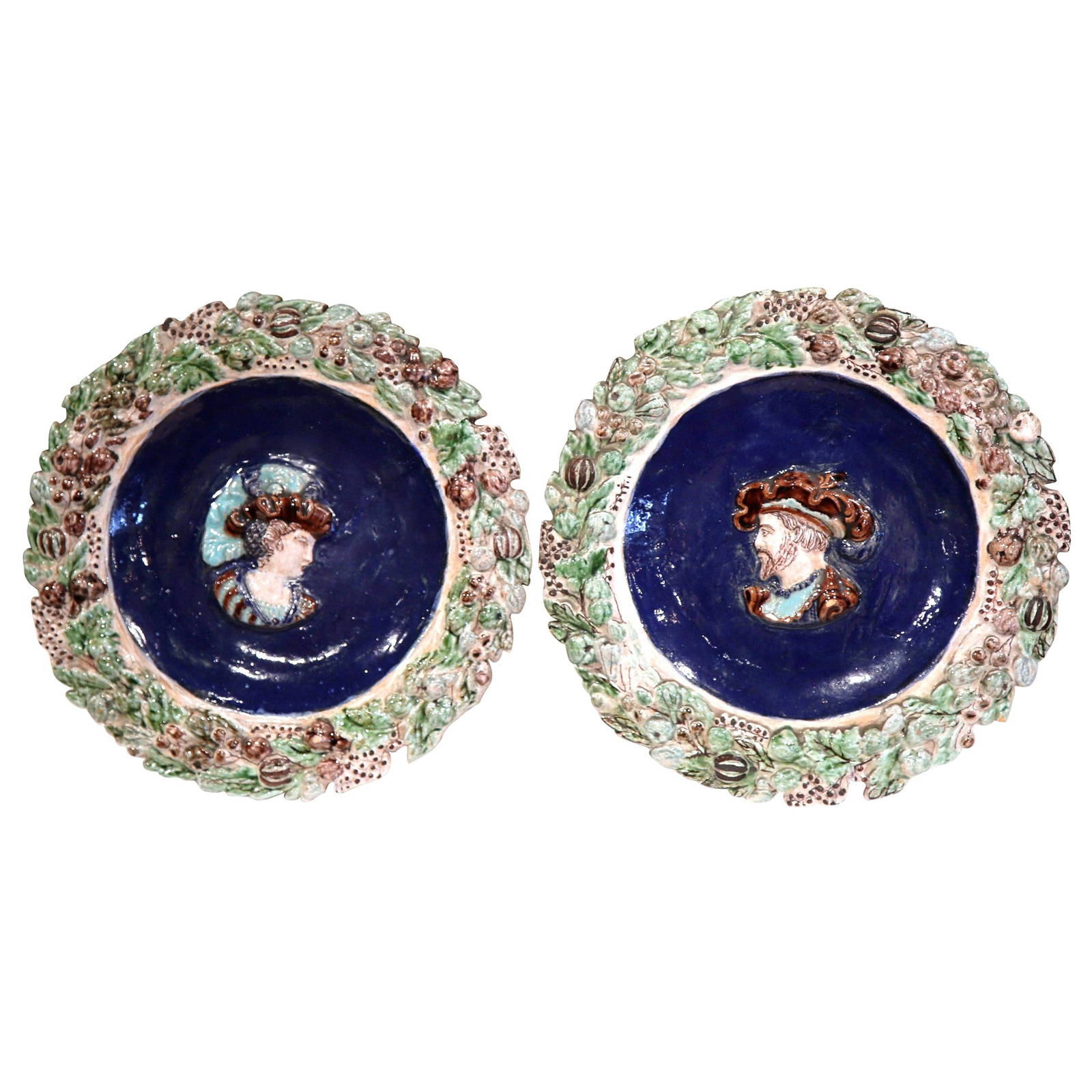 19th Century French Majolica Chargers Set Of 2 With King Francois I Auction