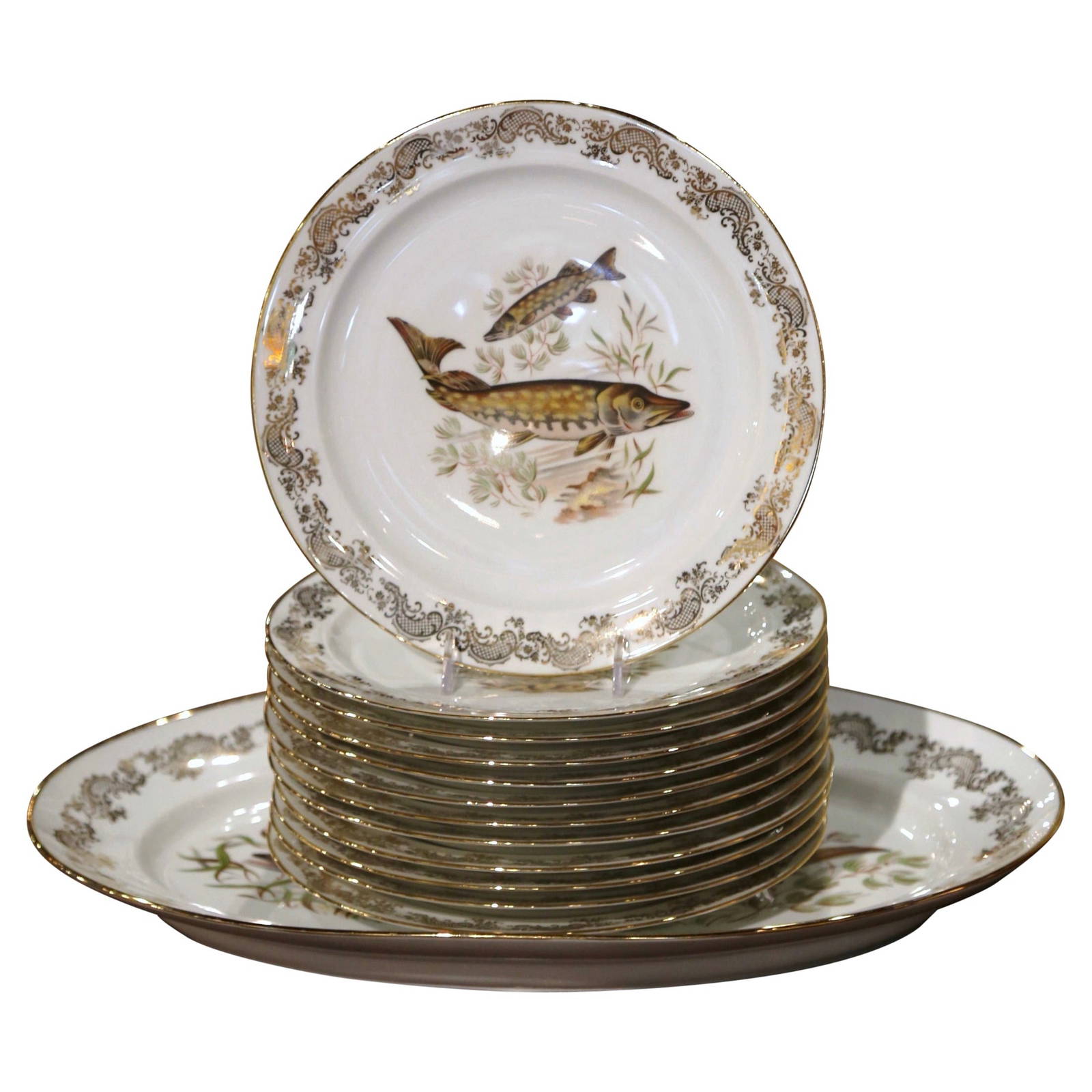 Vintage French Limoges Porcelain Service Set Signed Benoit Fish Decor ...